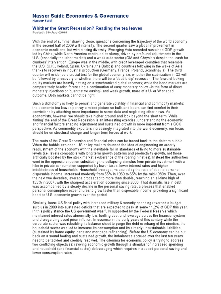 Whither The Great Recessio - Reading The Tea Leaves - 30 Aug 2009 | PDF ...