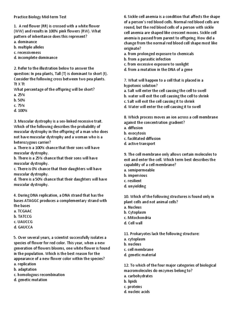 Biology Mid-term Test Review | PDF | Ploidy | Cell (Biology)
