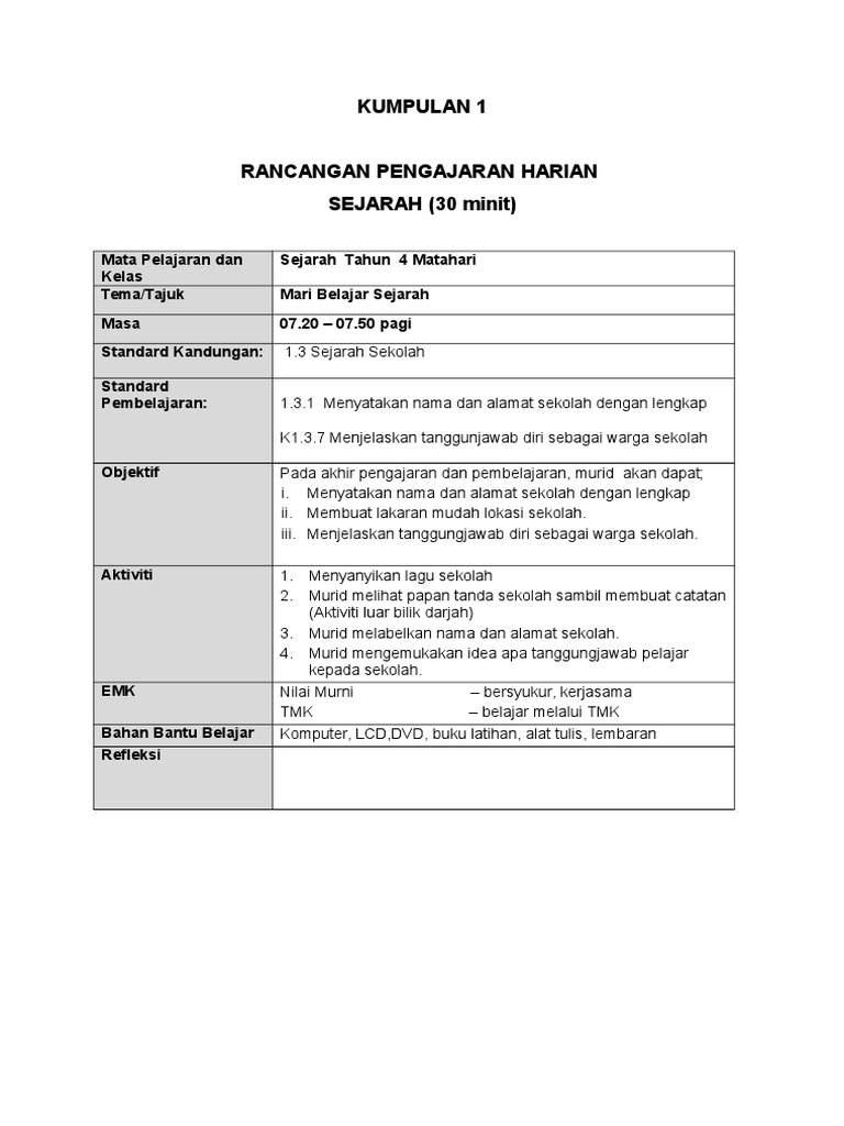 RPH Sejarah Tahun 4 (30 Minit) | PDF