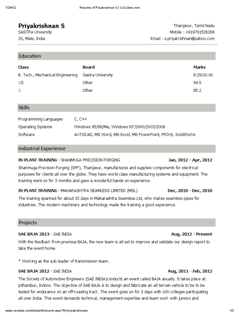 Resume of Priyakrishnan S - CoCubes | PDF | Engineering | Mechanical Engineering