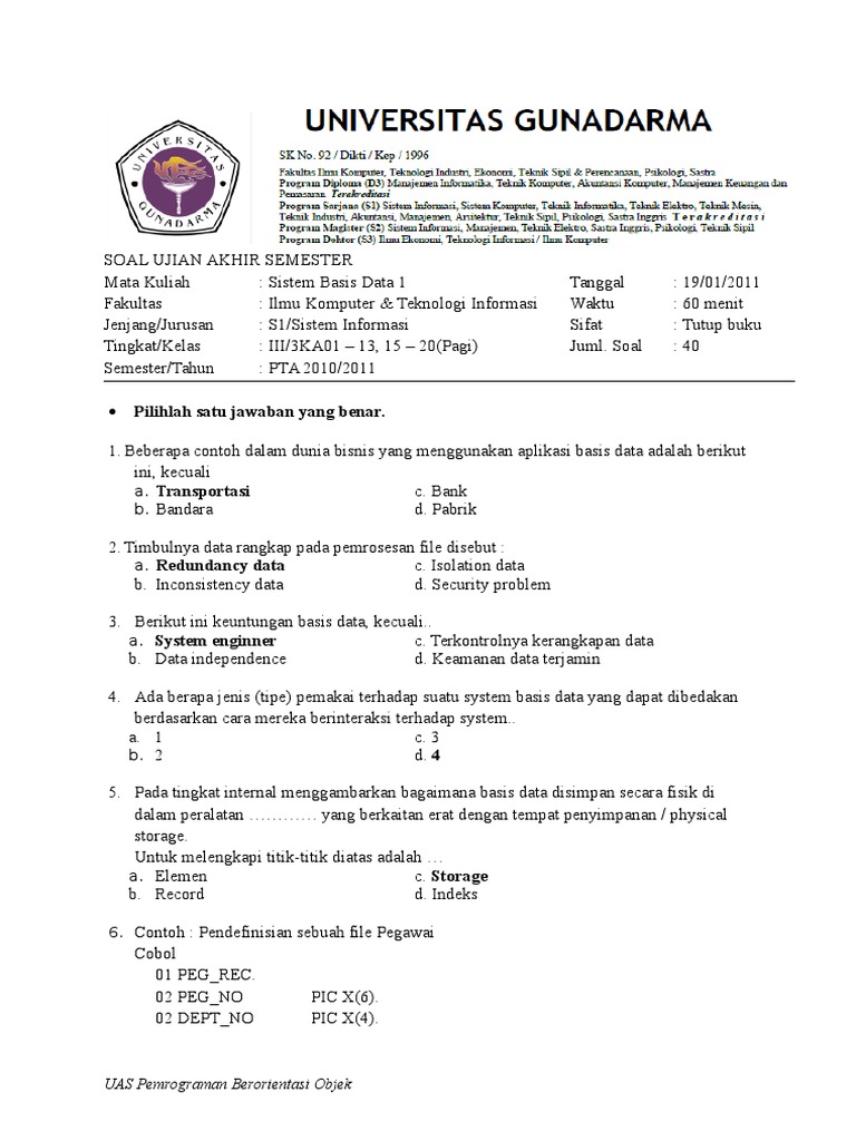 Soal UAS Sistem Basis Data 1 2011-2012 + Jawaban | PDF