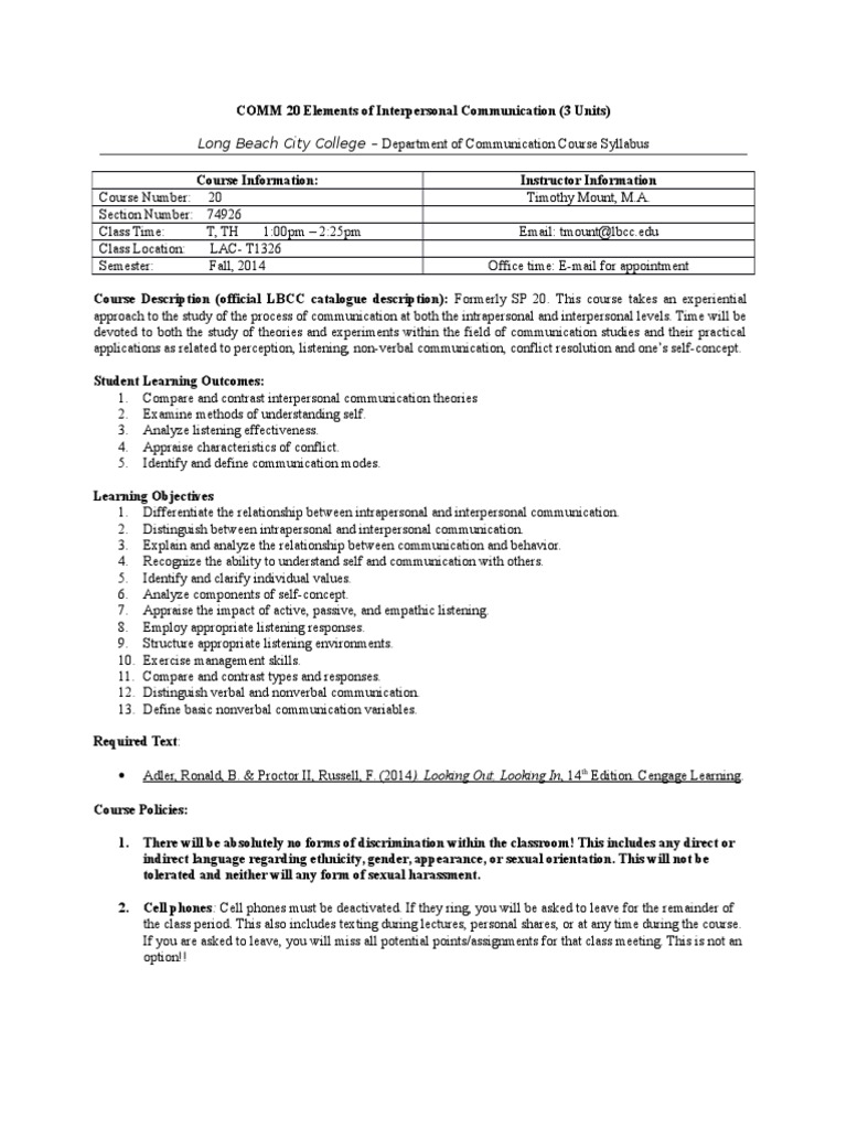 COMM 20 Interpersonal Communication Syllabus | PDF | Interpersonal ...