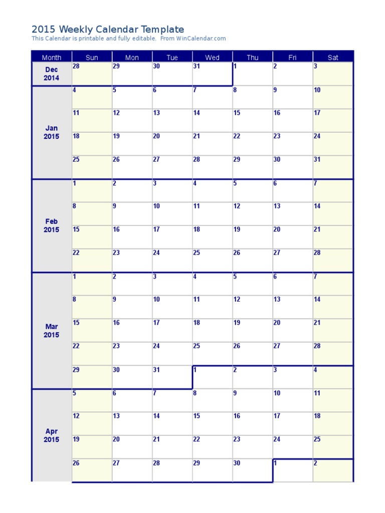 2015 Weekly Calendar Template: Month Sun Mon Tue Wed Thu Fri Sat | PDF ...
