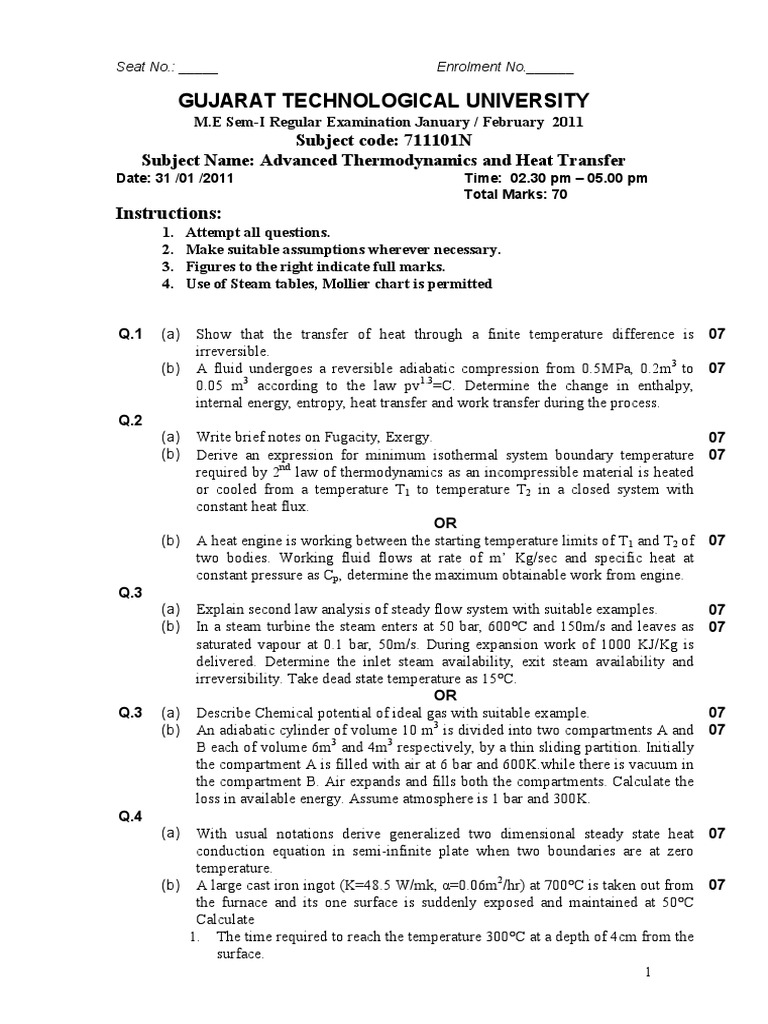 Advance HMT and Thermo 2011 PDF | PDF | Second Law Of Thermodynamics | Heat