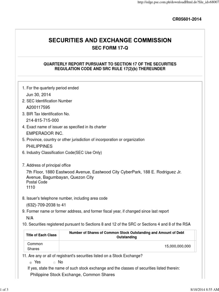 EMP SEC Form 17-Q For The Period Ending 30 June 2014 | PDF | Financial ...