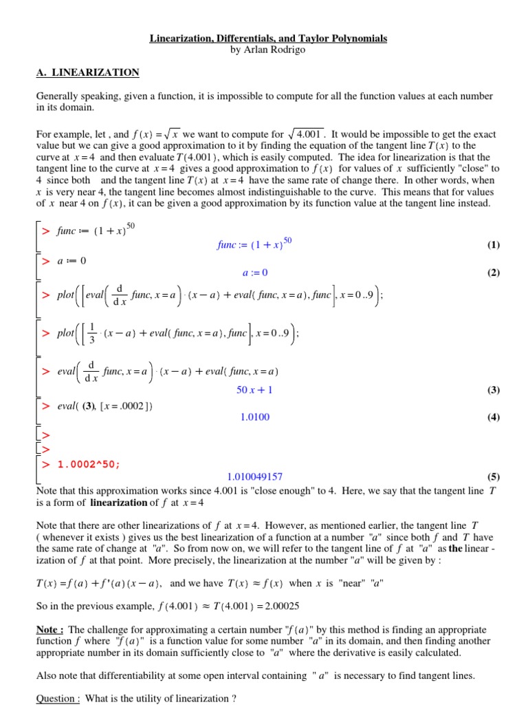 Linearization and Differentials - PDF | PDF | Derivative | Polynomial