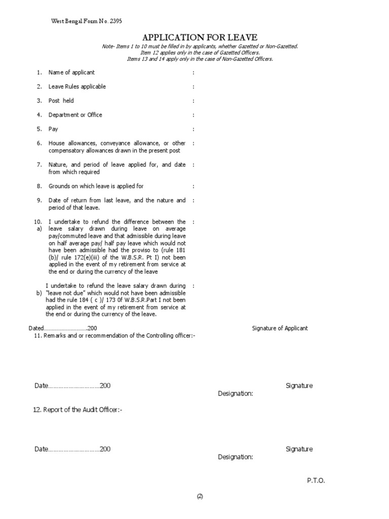 West Bengal Earned Leave Application Form | PDF