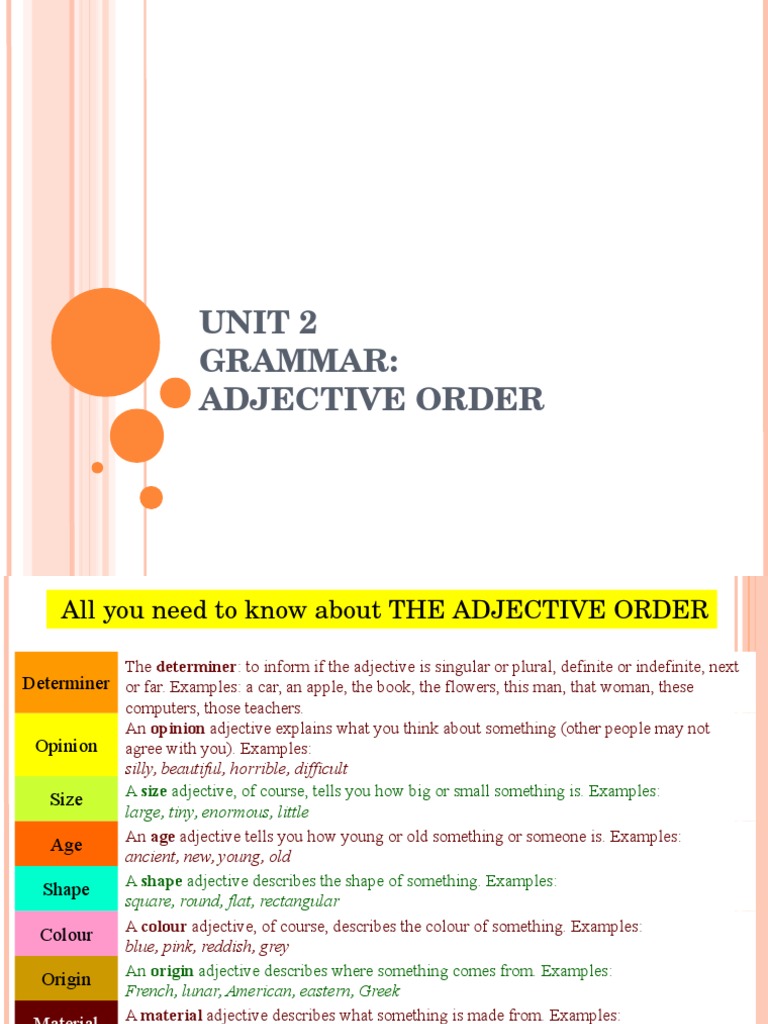 Adjective Order and Origin Examples | PDF | Language Arts & Discipline ...