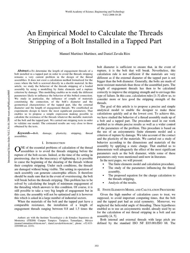 An Empirical Model To Calculate The Threads Stripping of A Bolt Installed in A Tapped Part | PDF ...