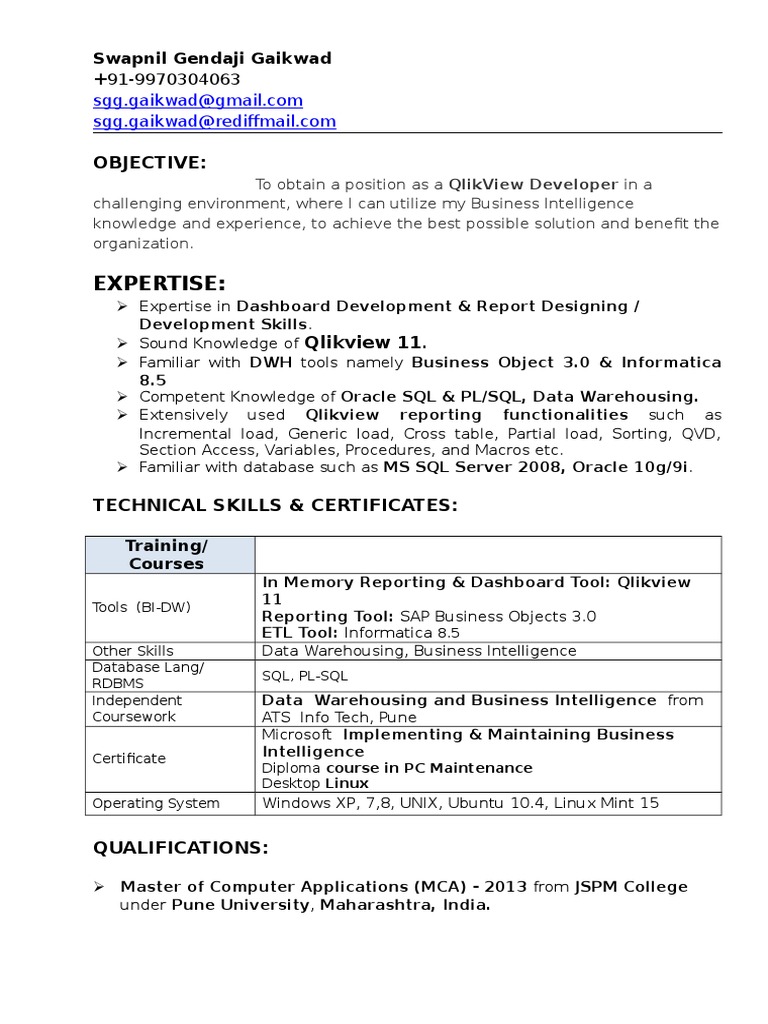 Qlikview Resume | PDF | Oracle Database | Databases
