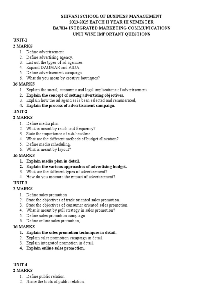 IMC - Unit Wise Important Questions | PDF