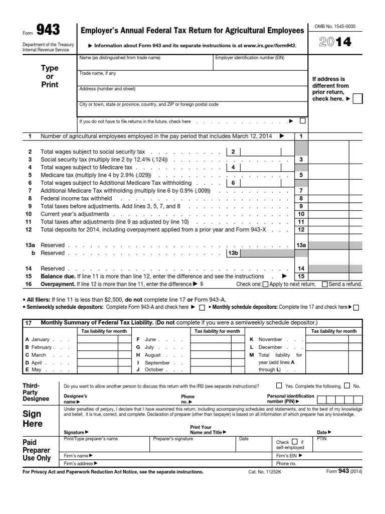 Employer's Annual Federal Tax Return For Agricultural Employees | PDF ...