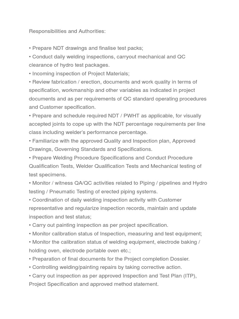 Responsibilities of QC Engineer | PDF | Welding | Construction