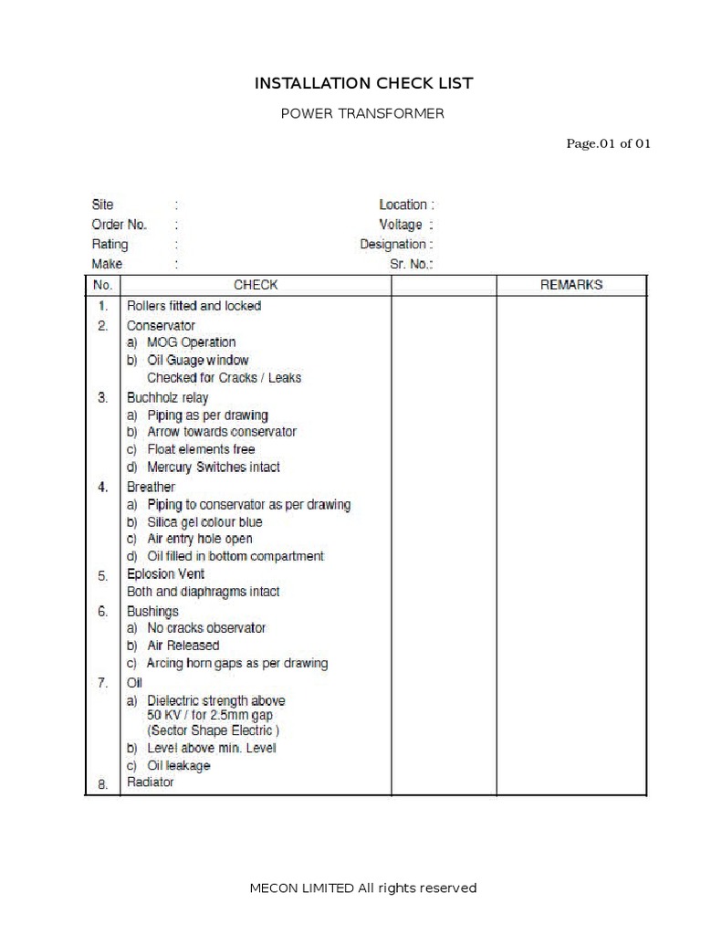 Transformer Installation Checklist | PDF