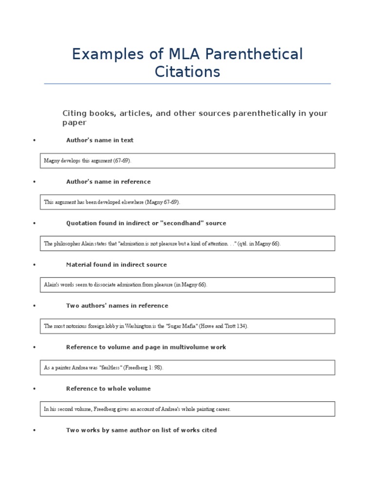 MLA Parenthetical Citation Examples | PDF