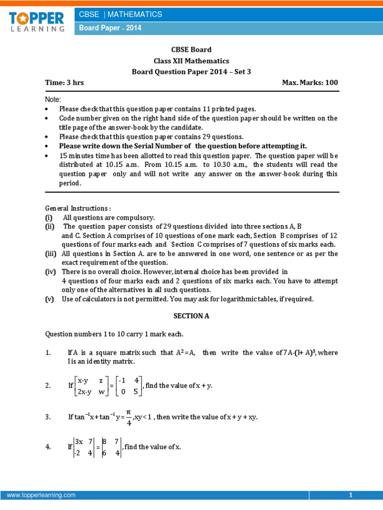 CBSE XII Mathematics Questions Sample Papers 1 | PDF | Vector Space ...