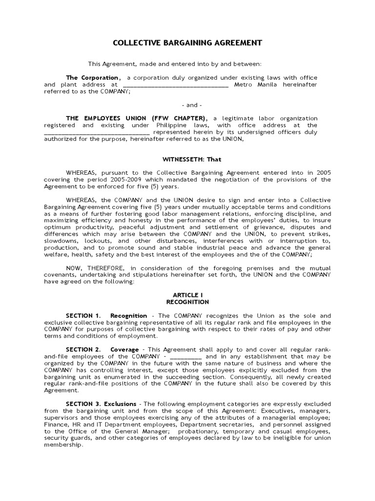 Collective Bargaining Agreement Between ABC Corporation and Employees Union Establishes Terms of ...