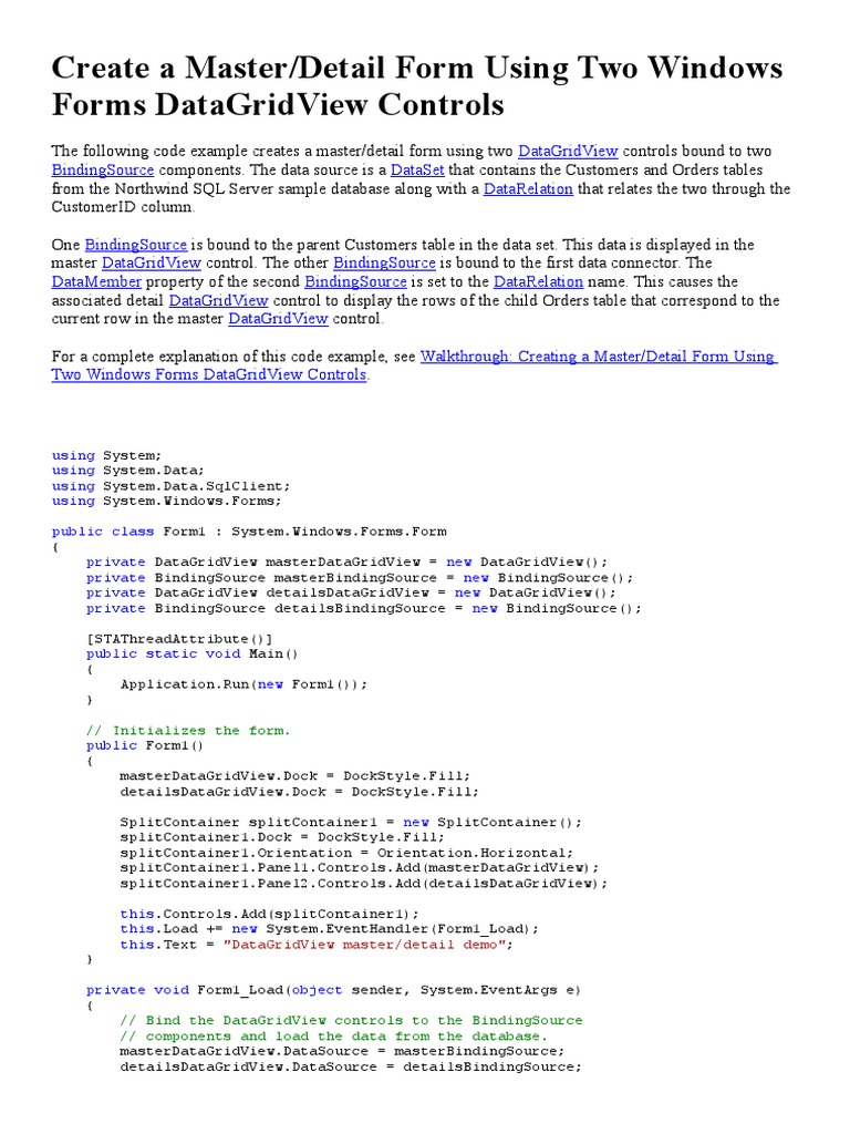 Create A Master Detail Form Using 2windows Forms Datagridview Controls Pdf Table Database