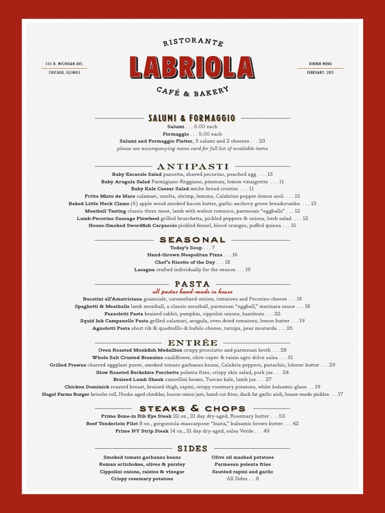 All Pastas Hand-Made in House: Please See Accompanying Menu Card For ...