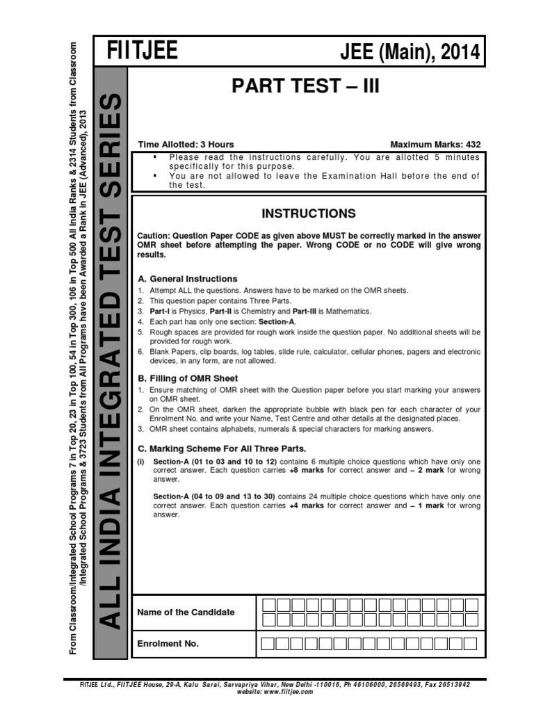 Aiits 2014 Part Test III Main Paper Question Paper Aiits PT III Main ...