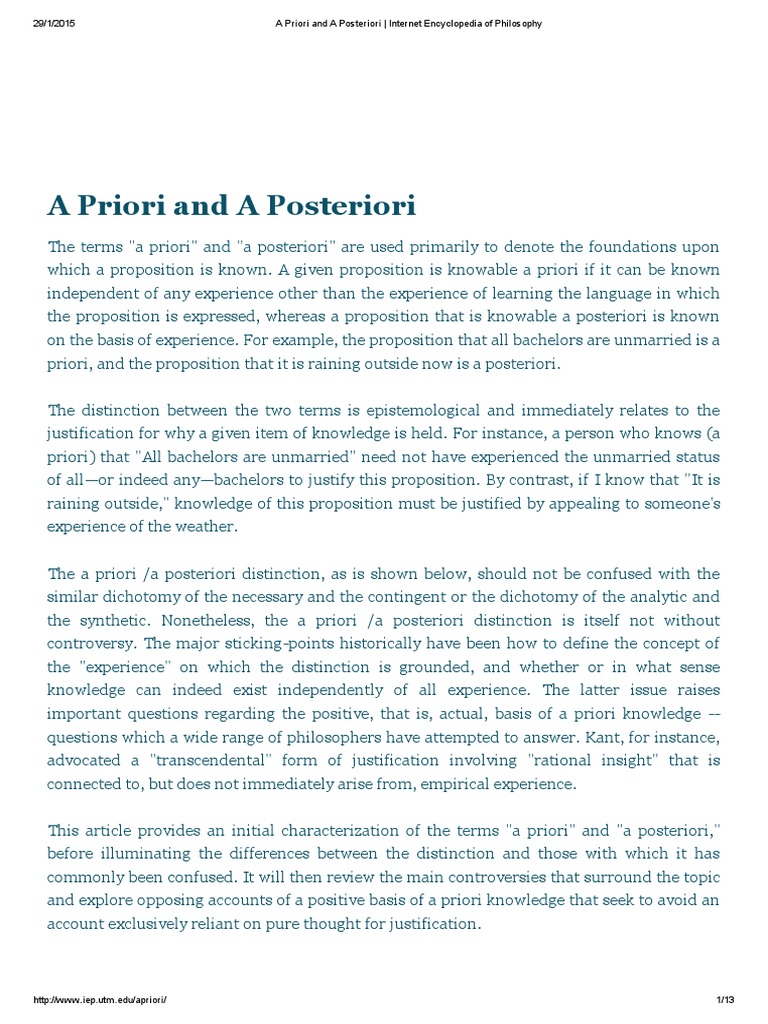 A Priori vs. A Posteriori Knowledge | PDF | A Priori And A Posteriori ...