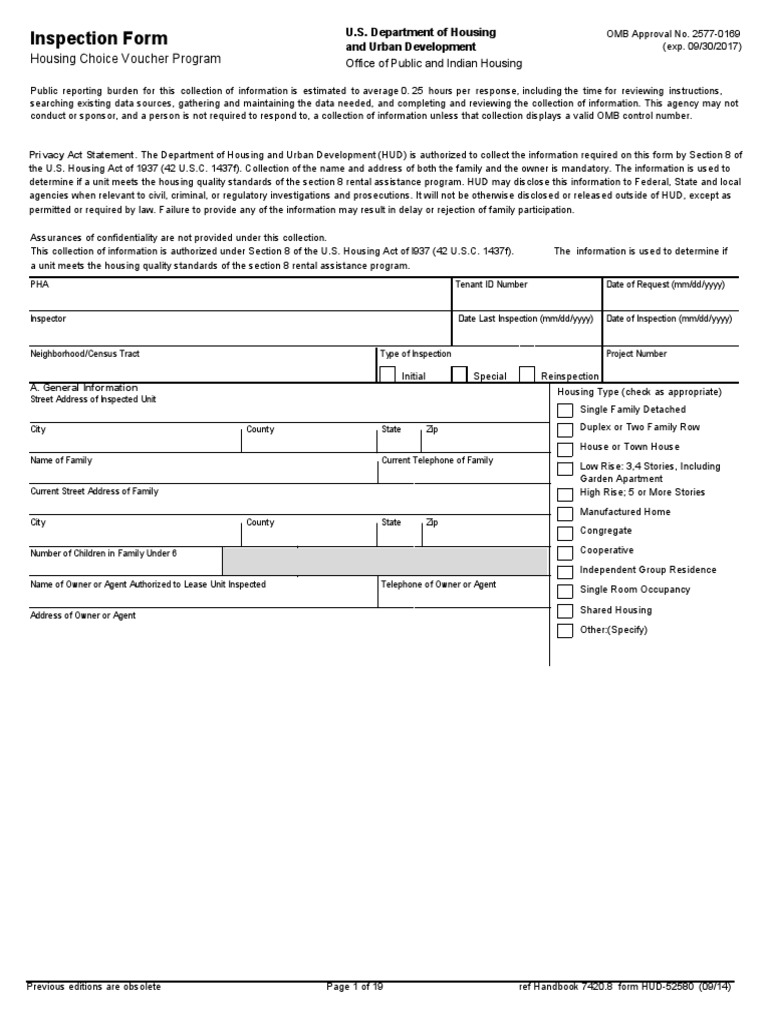 Department of Housing and Urban Development Inspection Form 52580 ...