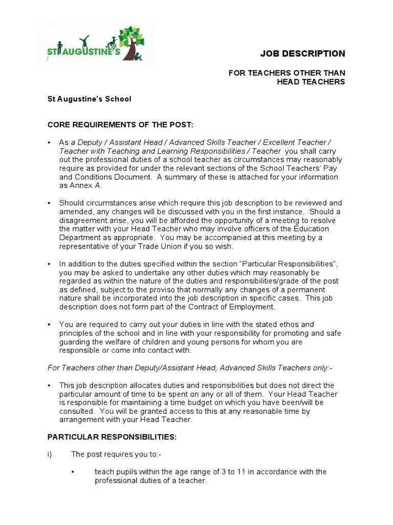 Class Teachers Job Description | PDF | Teachers | Employment