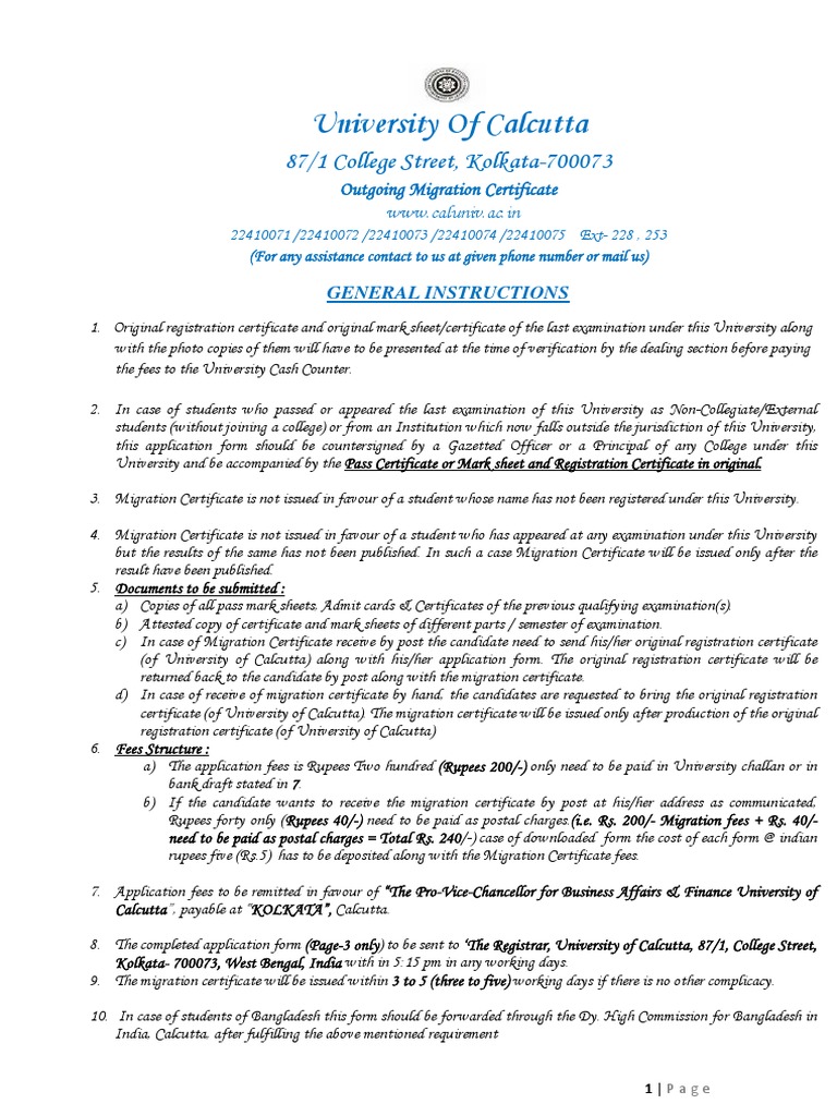 Calcutta University Migration Process | PDF | Kolkata | Fee