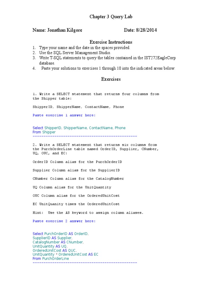 Chapter 3 Lab - Retrieving Data From A Single Table | PDF | Table (Database) | Microsoft Sql Server