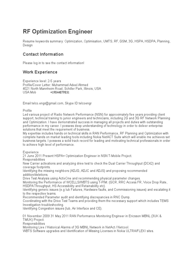 RF Optimization Engineer | PDF | 3 G | High Speed Packet Access