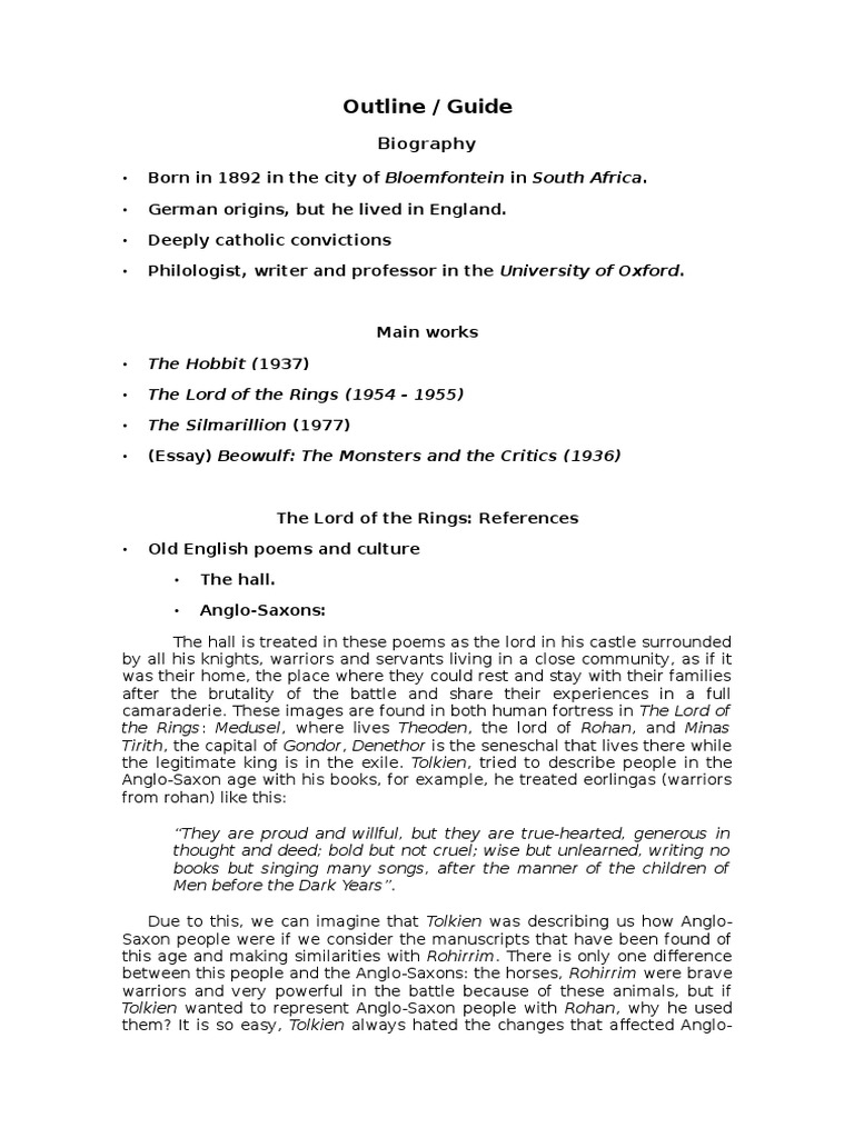 Outline / Guide: Biography | PDF | J. R. R. Tolkien | The Lord Of The Rings
