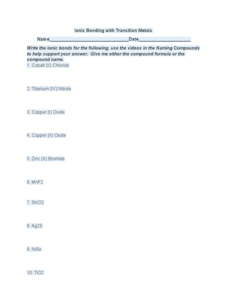 Ionic Bonding with Transition Metals Guide | PDF | Science & Mathematics