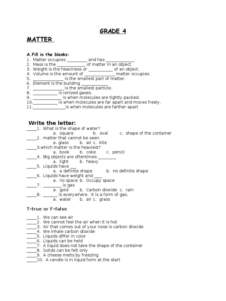 Matter Worksheets 4th Grade Grade 4 Science Matter | PDF | Liquids