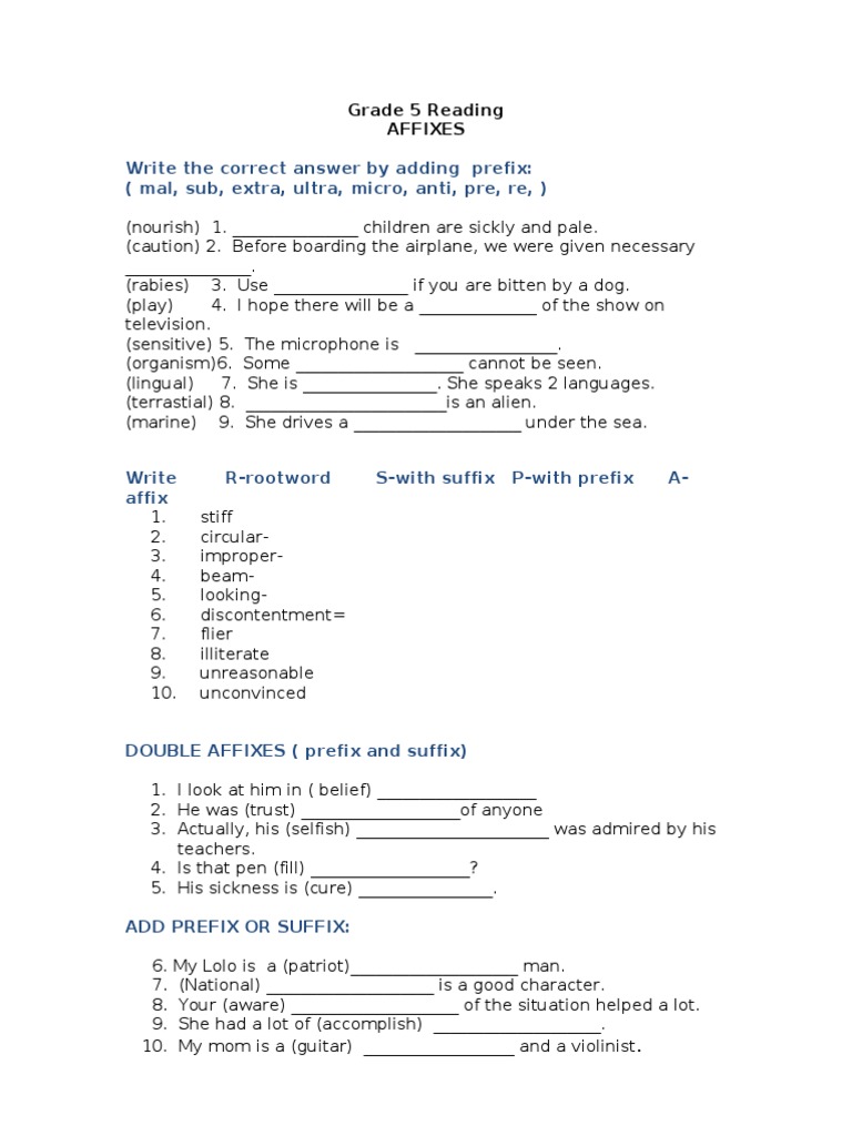Grade 5 Affixes Worksheet | PDF | Wellness