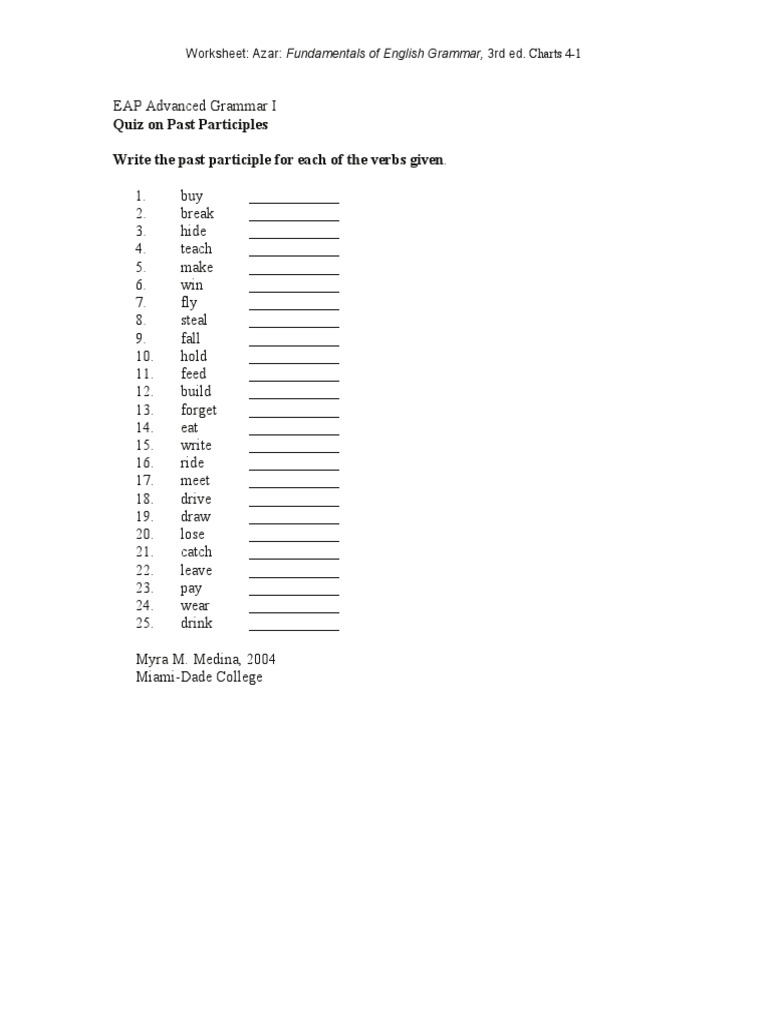 Past Participles Quiz Worksheet | PDF