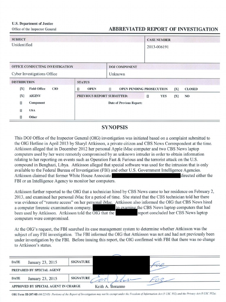 DOJ OIG Report - Sharyl Attkisson | PDF