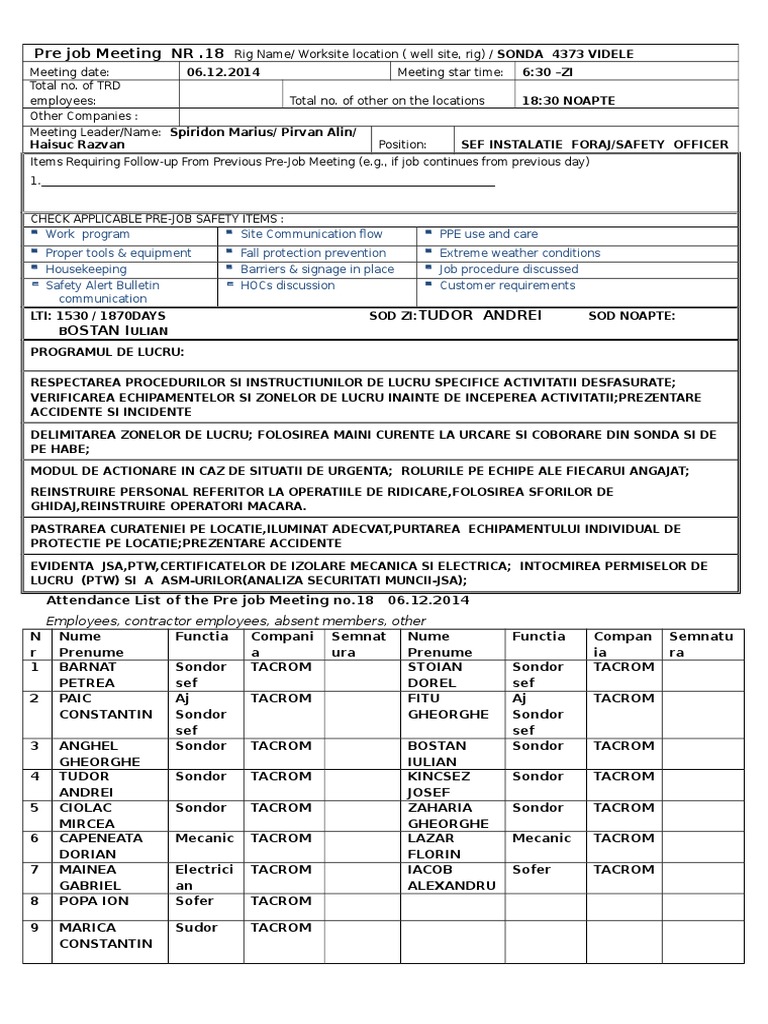 Pre Job Safety Meeting | PDF