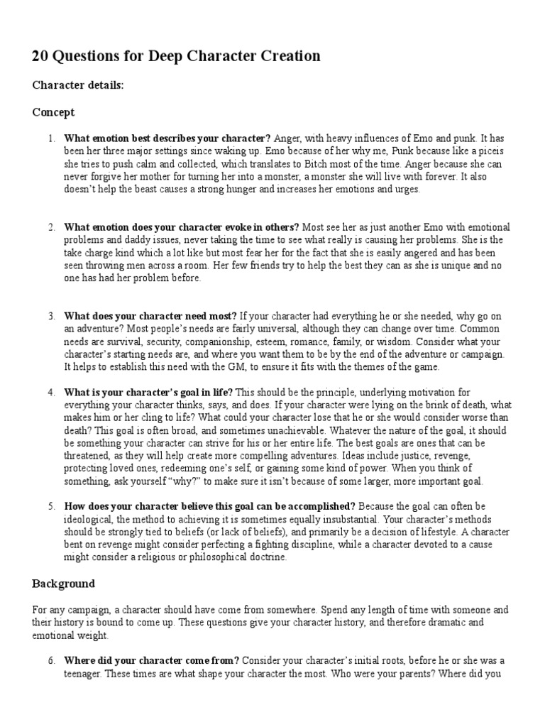 Deep Character Creation Questions | PDF | Role Playing Games | Emotions