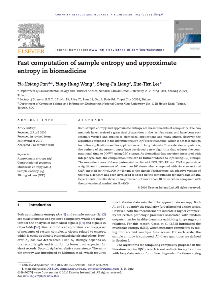 Fast Computation of Sample Entropy and Approximate Entropy in Biomedicine | Download Free PDF ...