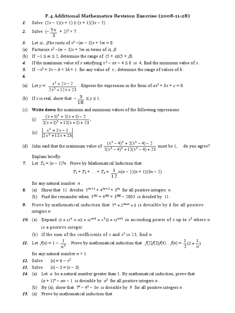 f4 Additional Mathematics Revision Exercise 20081128 Chapter 1 To 5b ...
