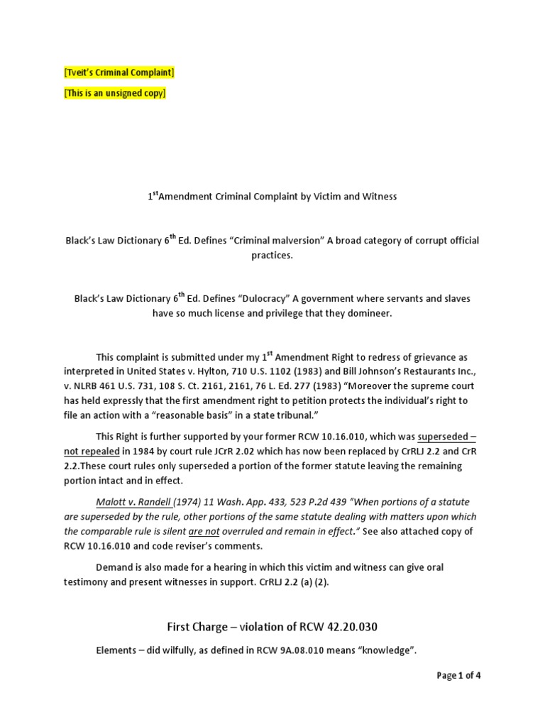 Jimmy Clark To Gina Tveit 1st Amendment Criminal Complaint by Victim ...