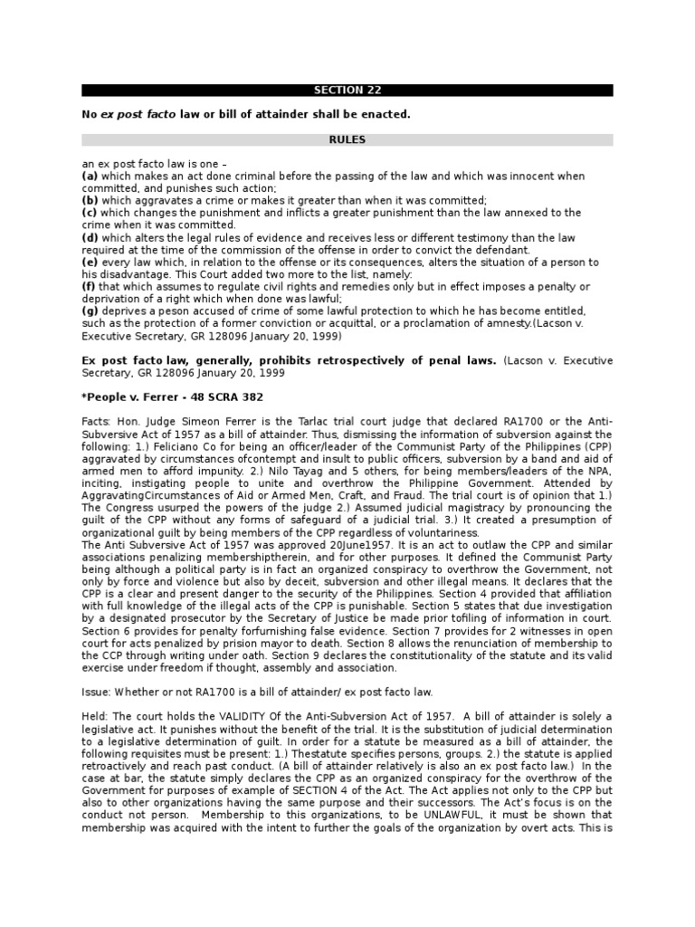 Constitutional Law Section 22 | PDF | Ex Post Facto Law | Pleading