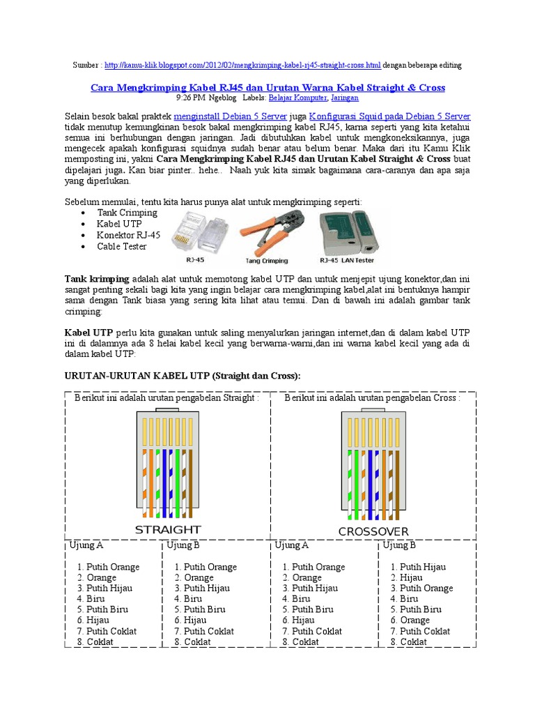 Cara Mengkrimping Kabel RJ45 Dan Urutan Warna Kabel Straight | PDF