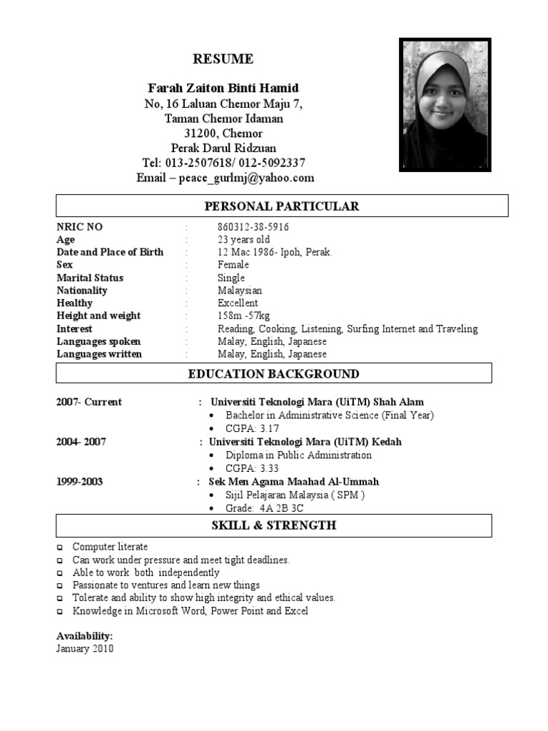 Resume: Farah Zaiton Binti Hamid | PDF | Behavior Modification | Cognition
