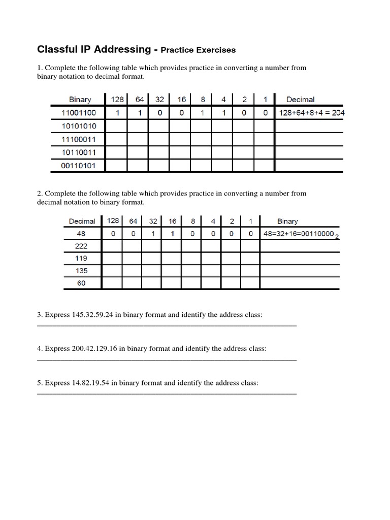Classful IP Addressing Exercises | PDF | Decimal | Osi Protocols