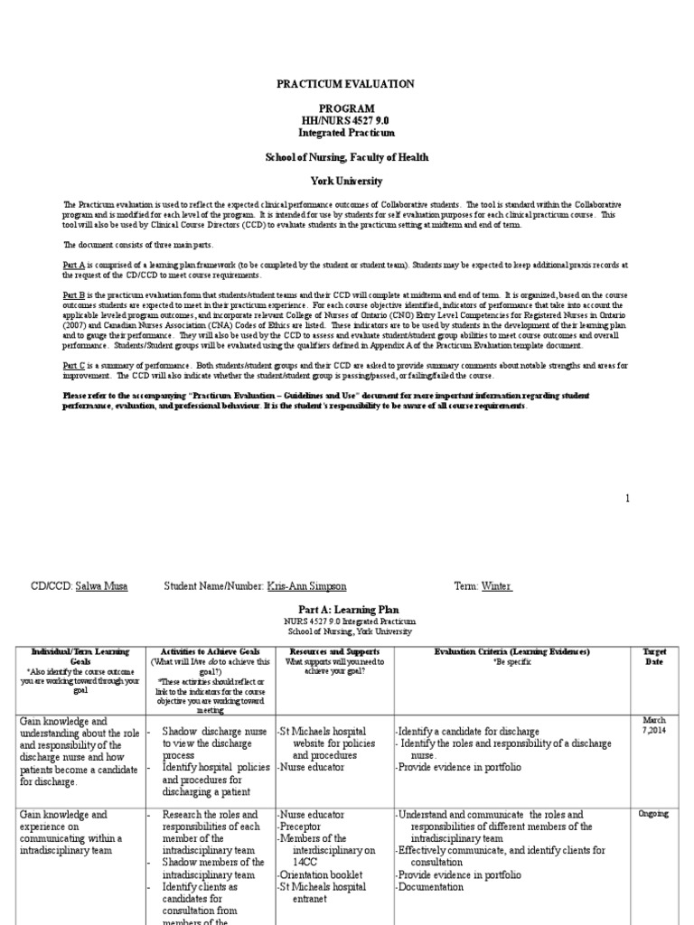 Practicum Evaluation Program HH/NURS 4527 9.0 Integrated Practicum ...