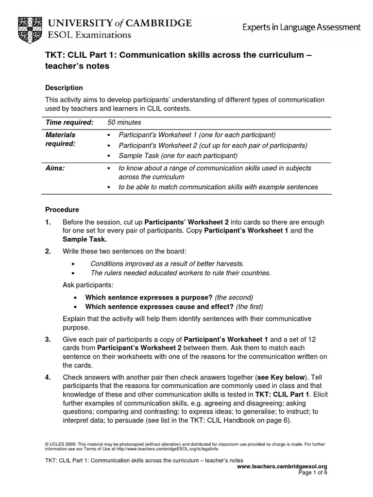 TKT Clil Part 1 Communication | PDF