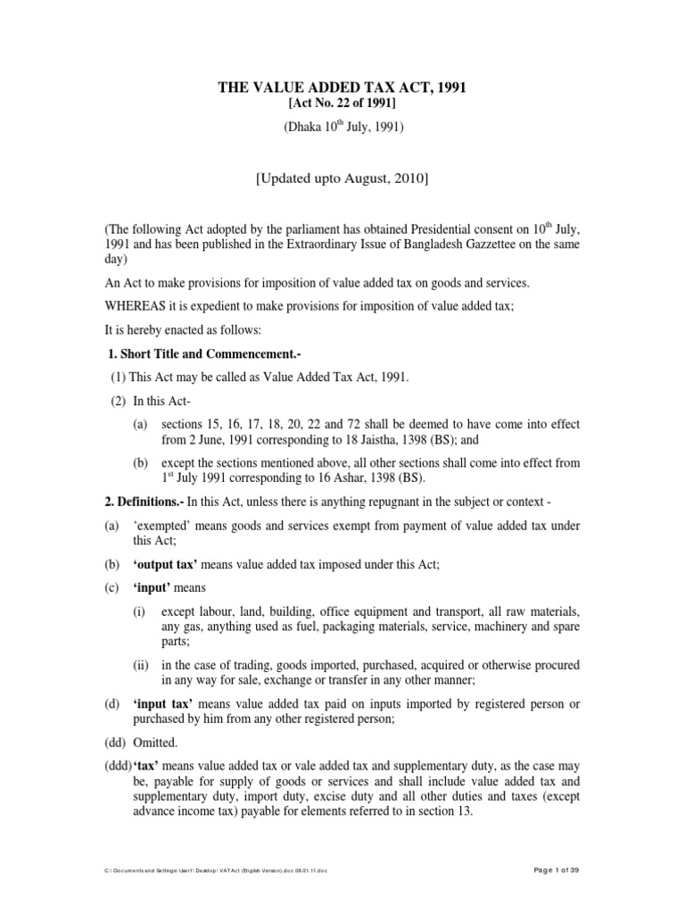Bangladesh Value Added Tax Act 1991 | PDF | Value Added Tax | Invoice