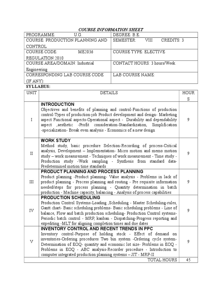 Course Information Sheet. | PDF | Scheduling (Production Processes ...