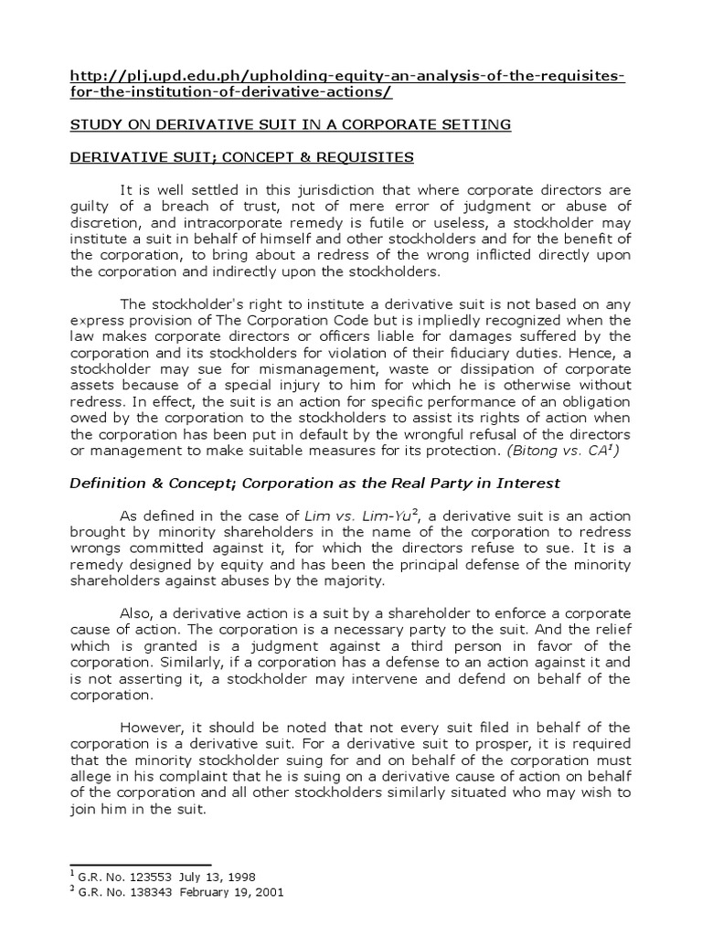 Derivative Suit | PDF | Fiduciary | Corporations